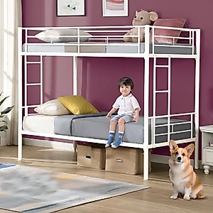 Cirui Kids Bunk Beds Twin Over Twin Convertible Bunkbed Metal Bunk Beds with 2 Side Ladders & Guardrails, Toddler Bunk Bed for Teens Boys Girls Adults Small Space Guest Room, with Bottom Space, White