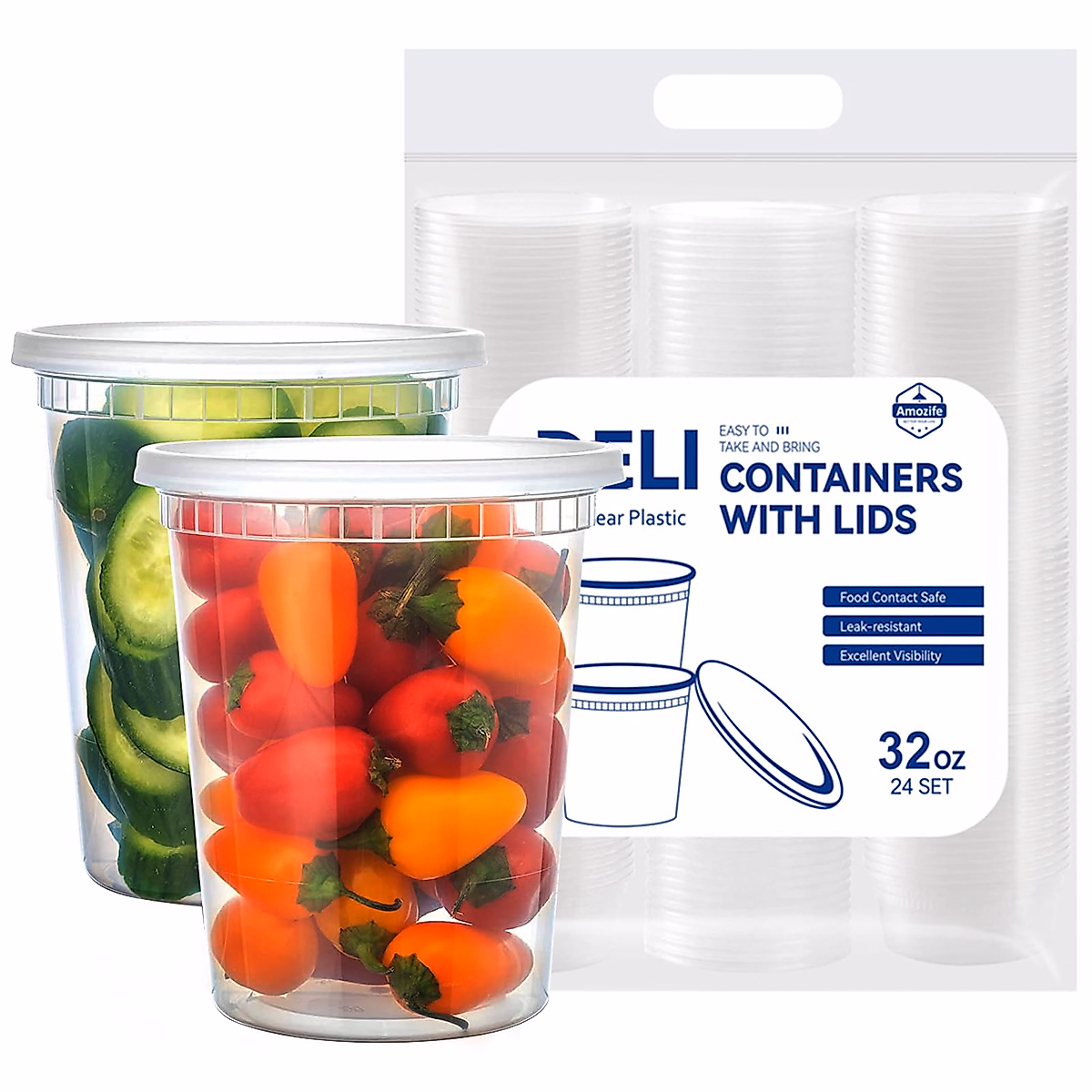 Amozife 24 Sets 32 oz Plastic Deli Food Storage Containers With Airtight Lids, Leakproof, BPA-Free, Freezer Safe, Dishwasher Safe