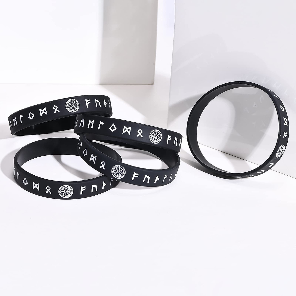 MEALGUET 5 Pieces Viking Bracelet for Men : Black Nordic Viking Runes Wristband Bangle Bracelet for Men Women, Silicone Rubber Band Comfort Fit Viking Jewelry,Black