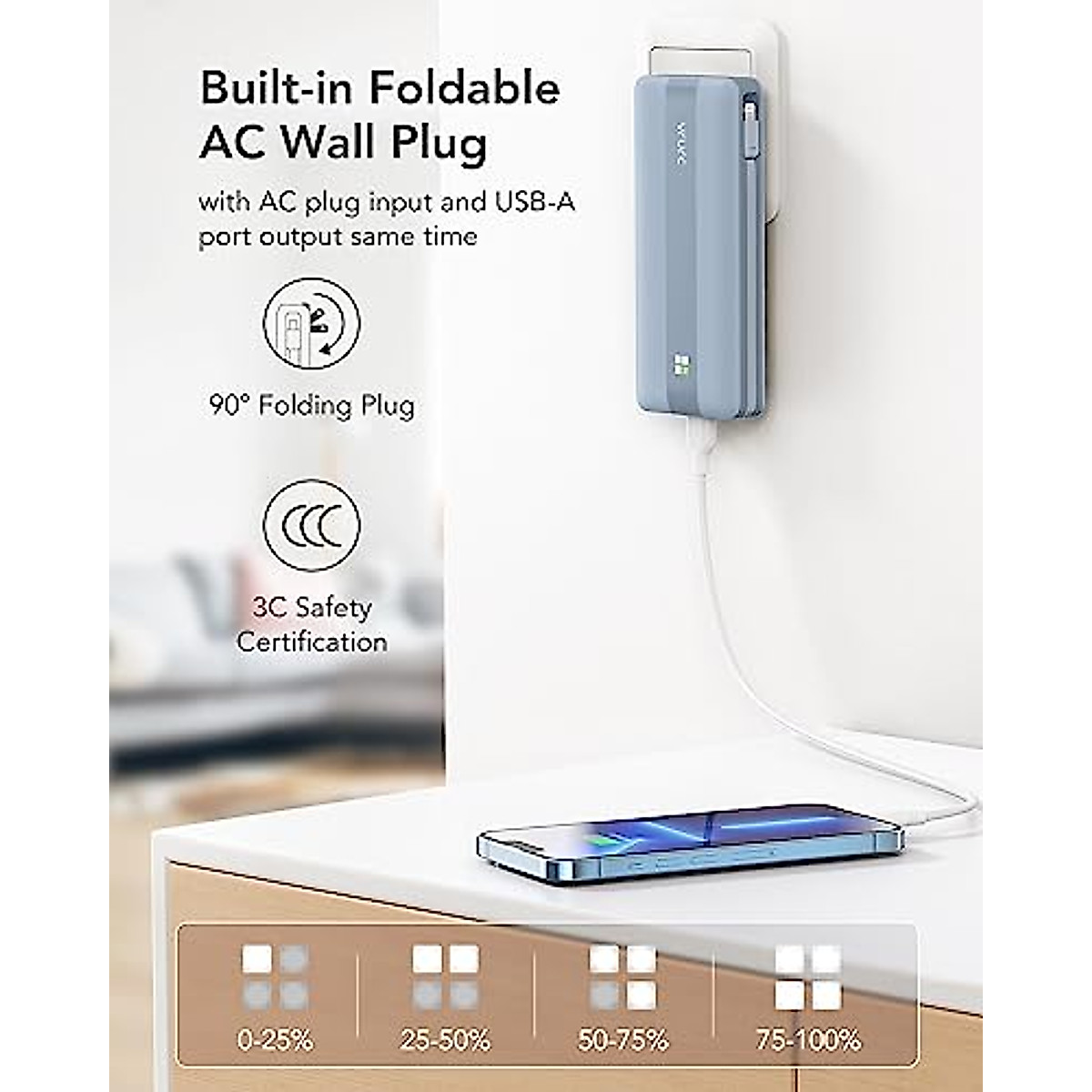 VRURC Portable Charger, 22.5W Fast Charging Power Bank with Built-in Cables & AC Wall Plug, 10000mAh Battery Pack(QC4.0 PD3.0), USB C with 4 Output 2 Input, Compatible with iPhone Samsung etc - Blue