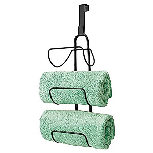 mDesign Modern Decorative Metal Wire Over Shower Door Towel Rack Holder Organizer - for Storage of Bathroom Towels, Washcloths, Hand Towels - 3 Tiers - Black