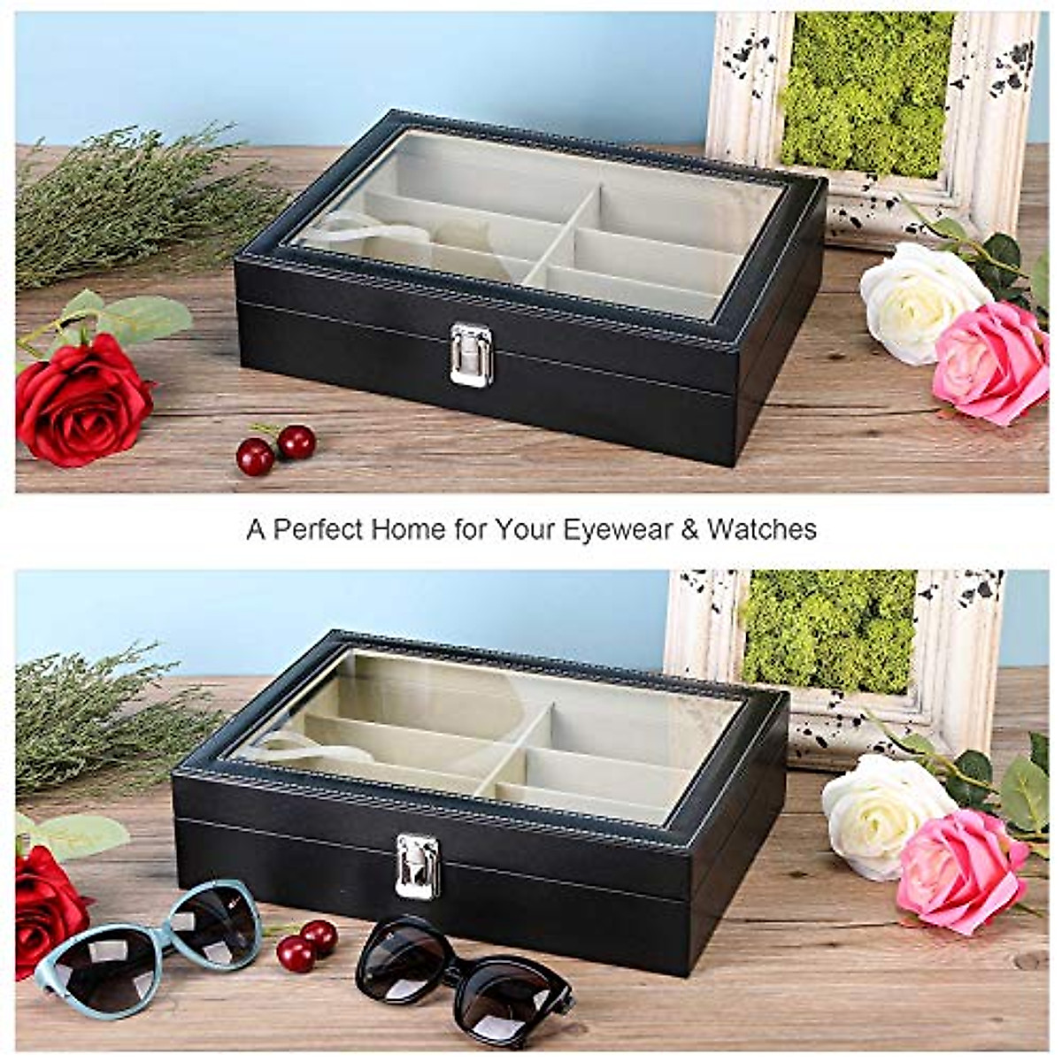 CO-Z Leather Multi Sunglasses Organizer for Women Men, Eyeglasses Eyewear Display Case, Jewelry Watch Organizer, Sunglasses Jewelry Collection Case, Sunglass Glasses Storage Holder Box with 8 Slots