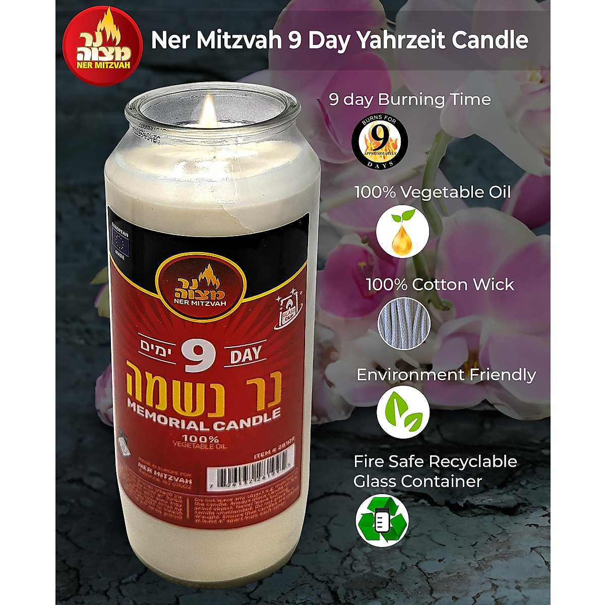 Ner Mitzvah 9 Day Yahrzeit Candle - 1 Pack Kosher White Yahrzeit Memorial Candles - Yom Kippur and Holiday Candle in Glass Jar - 100% Vegetable Oil Wax Prayer Candle