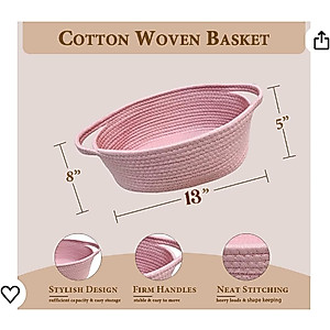 GiftExpress Pink Woven Gift Basket, Clear Cellophane Bag & Ribbon - 13" x 8" x 5" Cotton Rope Empty Decorative Gifting Basket - Cute Soft Organizing Raffle Storage Bin w/ Handles