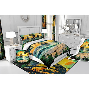 Erosebridal Coconut Tree Duvet Cover Hawaii Ocean Beach Botanical Quilt Cover Sailboat Sunset Print Comforter Cover Nature Tropical Landscape Theme Bedspread Cover Summer Holiday Room Decor Queen