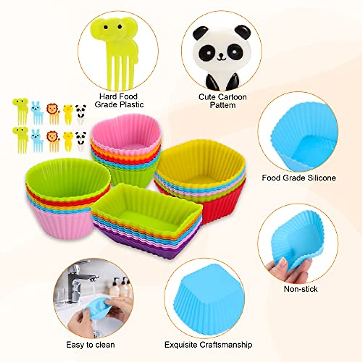 DGYJJZ 50 Pcs Silicone Lunch Box Dividers bento box accessories Silicone Cupcake Liners,Bento Box Accessories for Kids with 10pcs food picks for kids