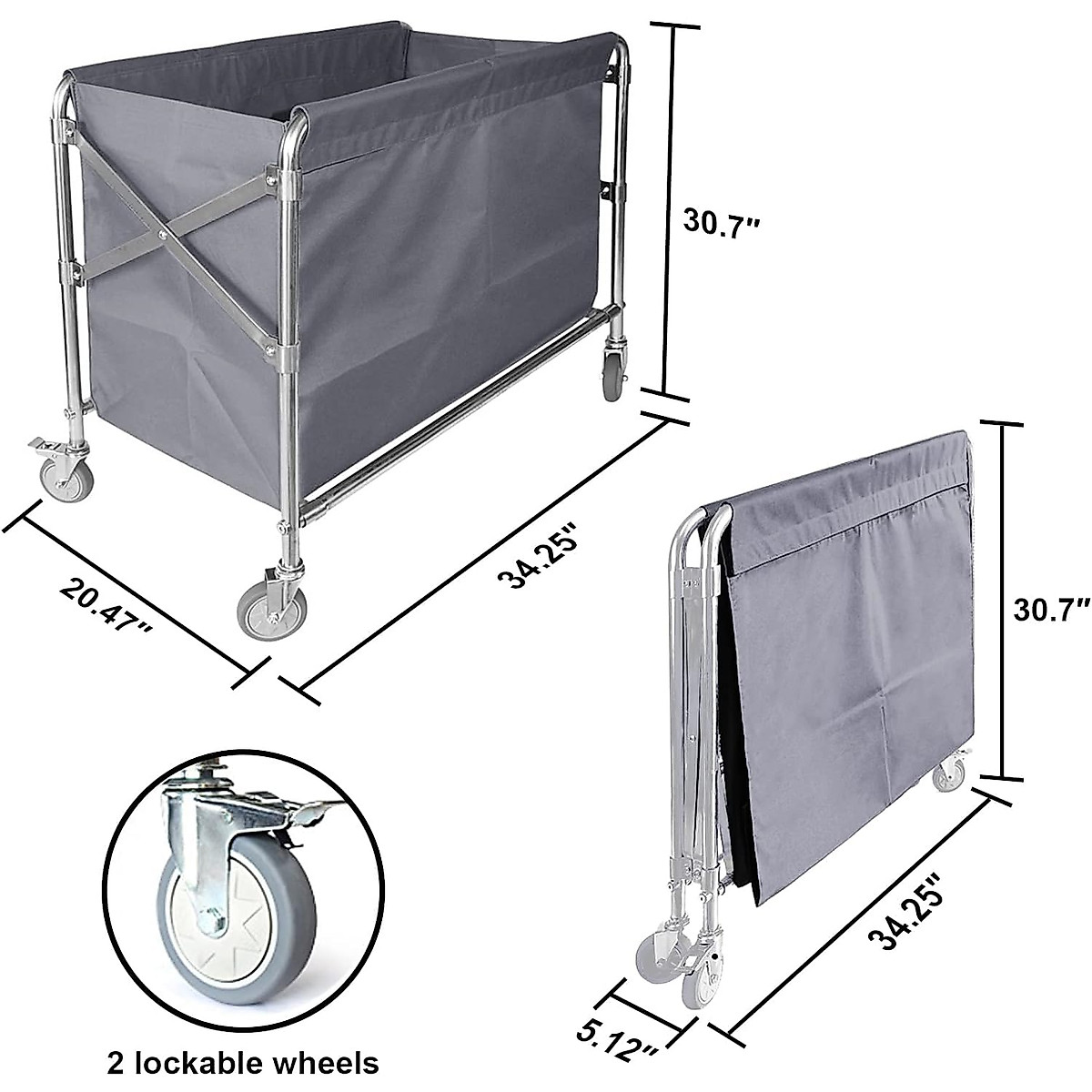 Bimiti Commercial Laundry Cart Folding Laundry Hamper Cart with Heavy Duty Rolling Lockable Wheels Collapsible Stainless Steel Laundry Trolley Cart with Foldable Waterproof Oxford Bag
