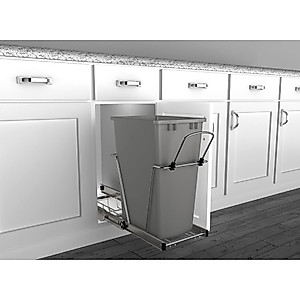 Rev-A-Shelf RV-12KD-17C Single 35 Quart Kitchen Cabinet Pull-Out Trash Can Waste Bin Container with Rear Storage and Chrome-Plated Wire Bottom Mount