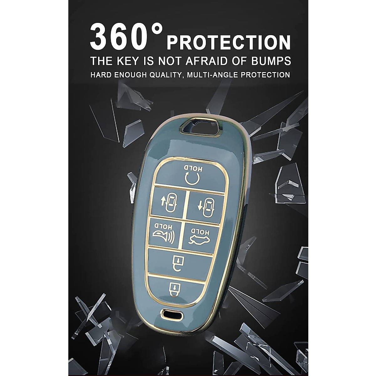 HIBEYO Key Fob Cover for Hyundai Sonata 2020 2021 2022 Santa Fe Smart Remote Auto Key Shell Soft TPU Car Accessories for Hyundai 7 Buttons Key with Bling Keychains-Black