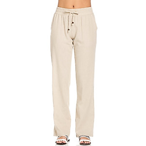 Poplooks Women's Comfy Elastic Waistband Drawstring Linen Pants (Small, Natural)