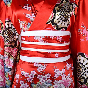 Women Japanese Kimono Robe Sweet Floral Patten Japanese Kimono Cosplay Dress Outfit Women Silk Satin Bathrobe Sleepwear (Long Kimono Red)