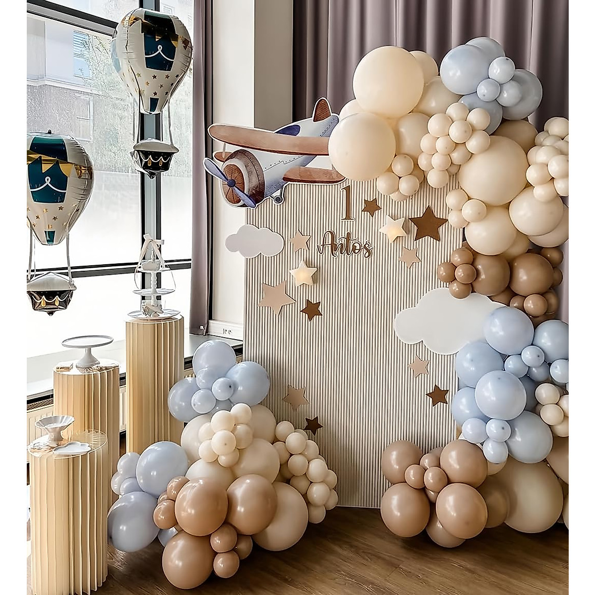 Time Flies Balloon Garland Arch Kit, 155pcs Brown Blue Beige and Airplane Cloud Star Foil Balloons for How Time Flies First Birthday Travel ONEderful World Airplane Party Baby Shower Decorations