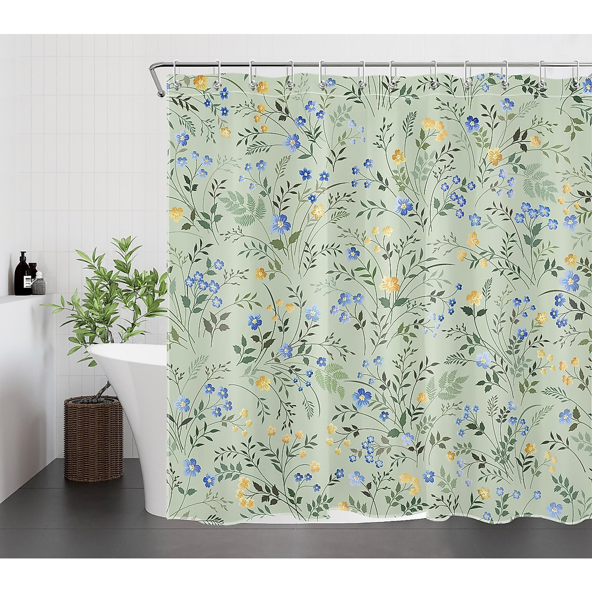 LB Nature Plant Floral Shower Curtain Decor, Yellow Blue Flower with Herb on Sage Green Shower Curtain for Bathroom 72" W x 72" L Polyester Fabric Bathroom Decoration Bath Curtains Hooks Included