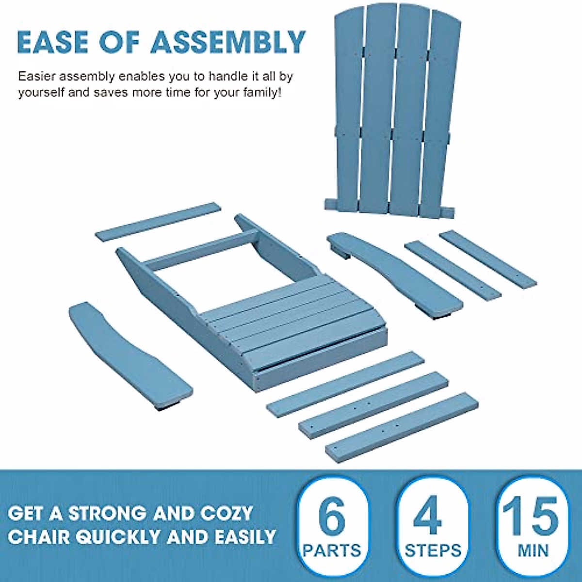 Aok Garden Adirondack Chairs Set of 6, Weather Resistant Hips Plastic Fire Pit Chairs, Modern Poly Adorondic Outside Chairs, 350 LBS Adirondack Chair for Easy Assembly, Blue