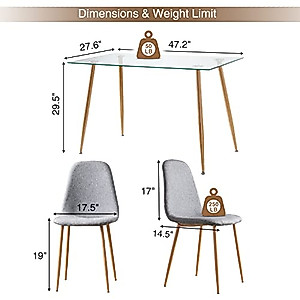 Bacyion Modern Dining Room Table Set 5 Pieces Dining Table Set for 4 - Rectangle Glass Dining Table with 4 Grey Fabric Dining Chairs - Kitchen & Dining Room Sets for Dining Room Kitchen