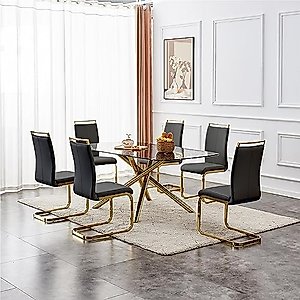 Baysitone Rectangular Glass Dining Table Set for 6, 71 inch Black Marble Polishing Dining Table with 4 Golden Coated Metal Legs, PU Faux Leather Chairs with Golden Metal Legs for Kitchen, Dark Gray