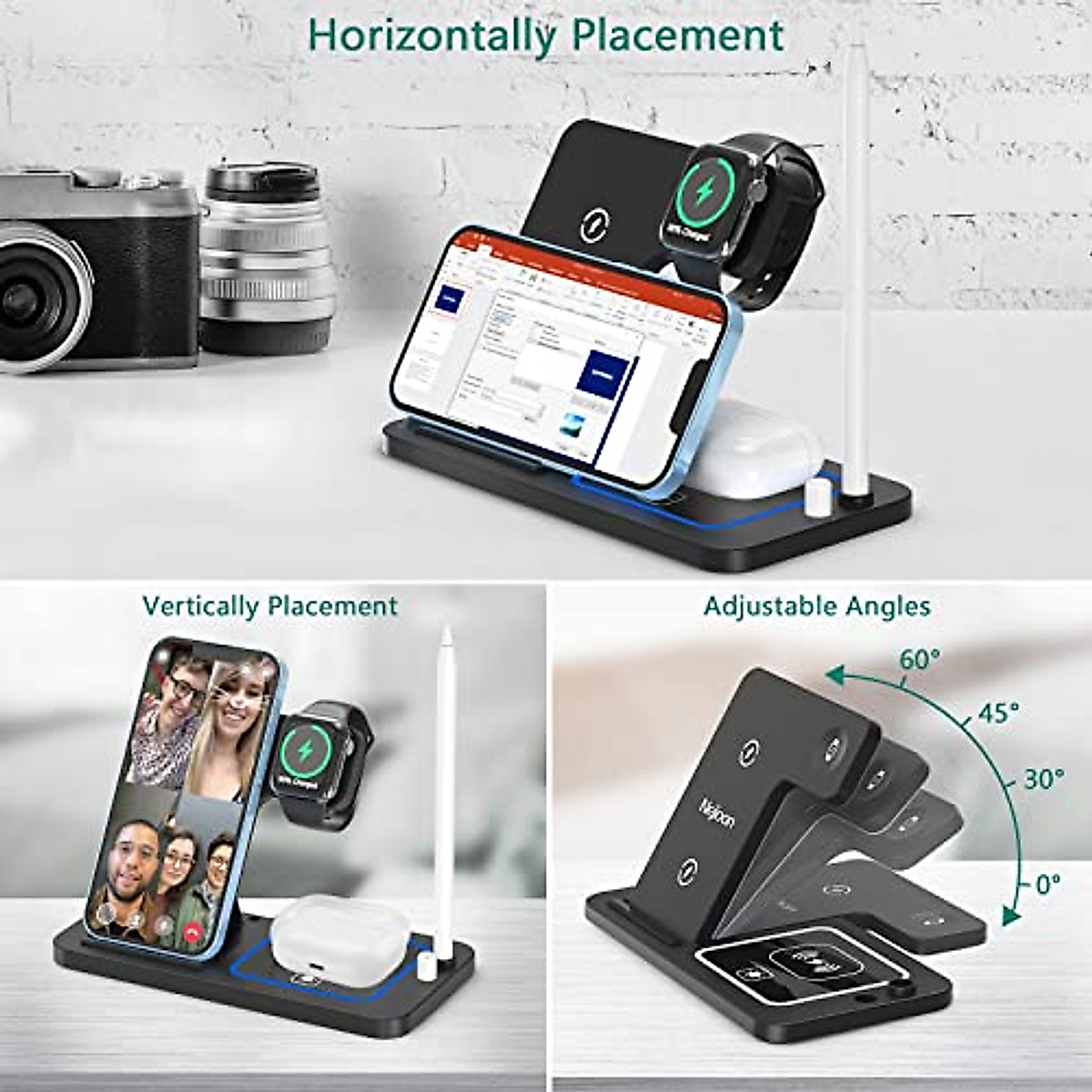 Wireless Charging Station for Apple Multiple Devices - 4 in 1 Charger Station Stand Dock for Apple Watch Series 7 6 SE 5 4 3 2 & Airpods Apple Pencil iPhone 13 12 11 Pro X XR 8 iwatch with Adapter