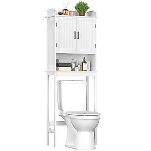 VEIKOU Over-The-Toilet Storage, Bathroom Cabinet Over Toilet, Freestanding Over The Toilet Storage Cabinet w/Adjustable Shelf & Storage Rack, White