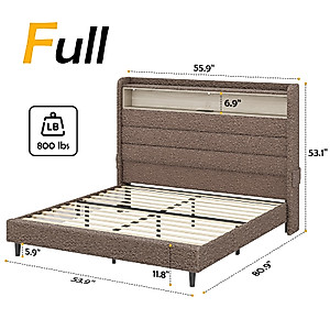 Jocisland Full Bed Frame with LED Lights Charging Station Tall Headboard Upholstered Platform Bed Wingback, No Box Spring Needed, Boucle Khaki