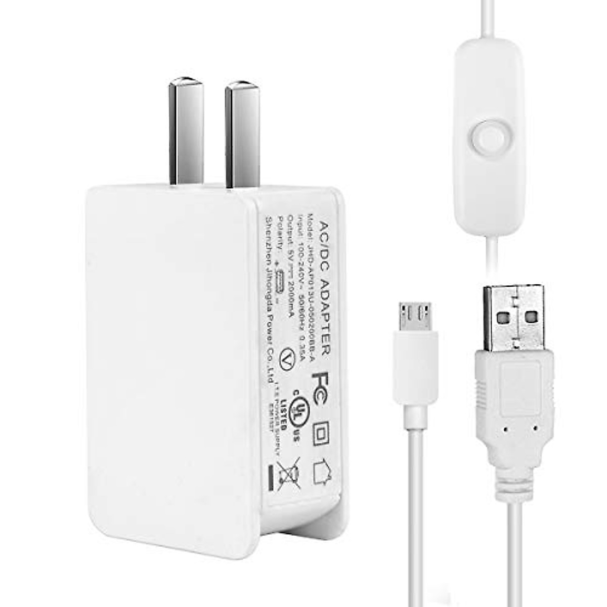 Gowoops Power Adapter 5V 2A + Micro USB Cable ON Off Switch White, Universal Travel Charger Power Supply USB Plug Cell Phone Block Cube Compatible with iPhone, iPad, Google Nexus, Samsung and More