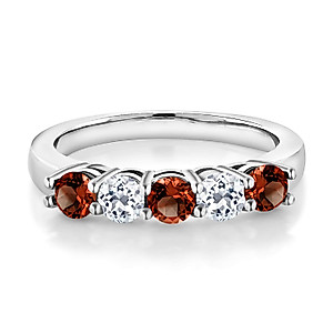 Gem Stone King 925 Sterling Silver Red Garnet and White Topaz 5-Stone Wedding Anniversary Band Ring For Women (1.03 Cttw, Gemstone January Birthstone, Available In Size 5, 6, 7, 8, 9)