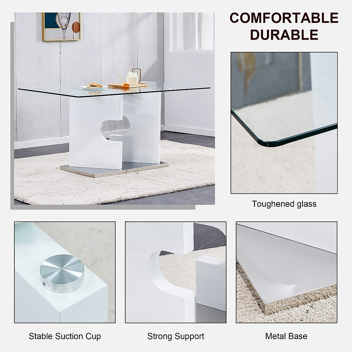 63'' Glass Dining Table for 6, 0.39" Tempered Glass Tabletop and White MDF Base,Large Dining Room Table for Home Kitchen Banquet Hall,Luxury Glass Table for Living Room Meeting Room(No Chair)