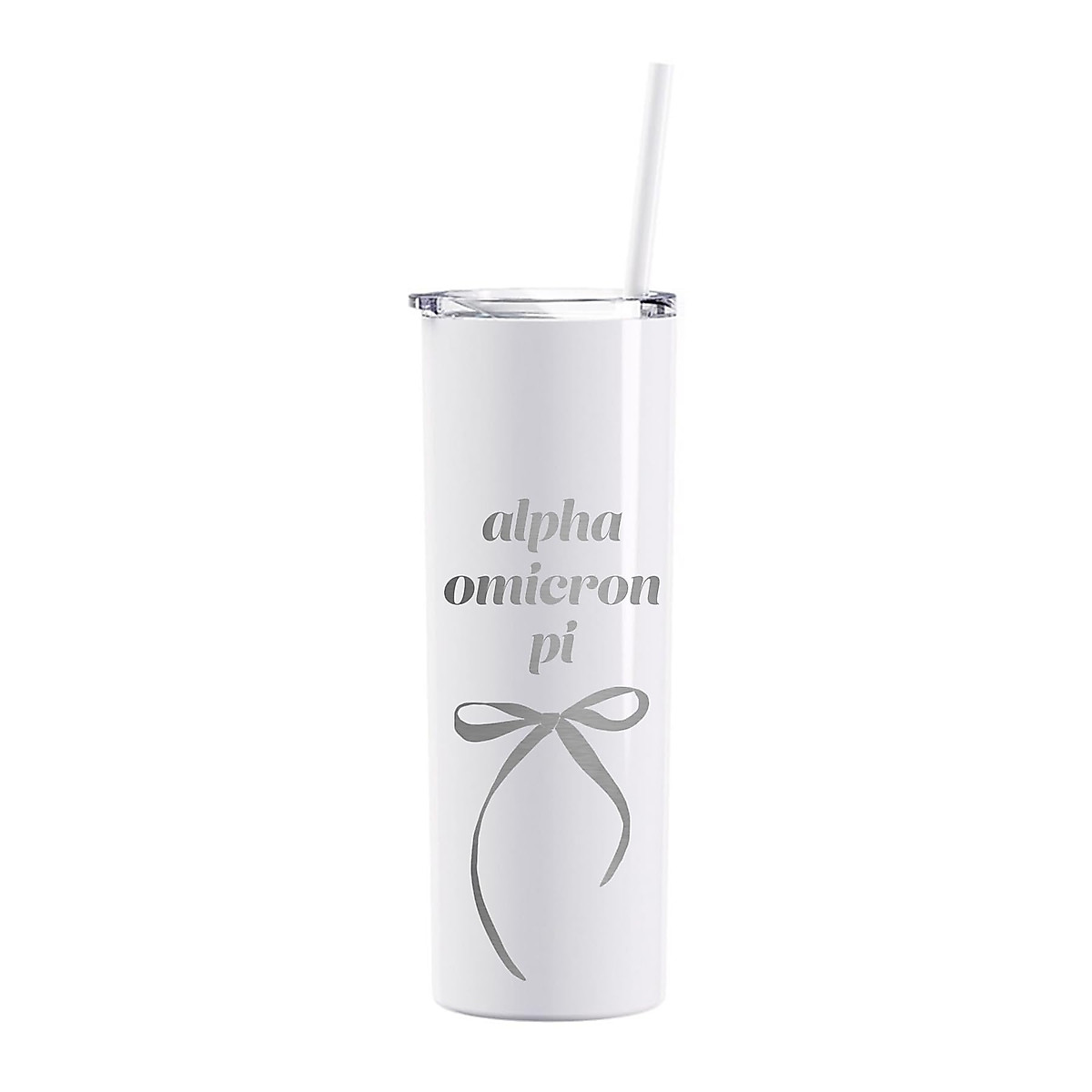 Go Greek Chic Alpha Omicron Pi Coquette Bow Tumbler with Straw - White