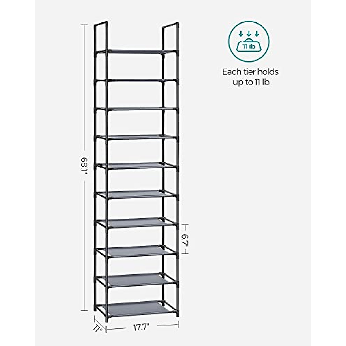 SONGMICS Shoe Rack, 10 Tier Shoe Shelf, Shoe Storage Organizer, Space-Saving, 11 x 17.7 x 68.1 Inches, Metal Frame, Non-Woven Fabric Shelves, for Entryway, Bedroom, Grey ULSH010G01