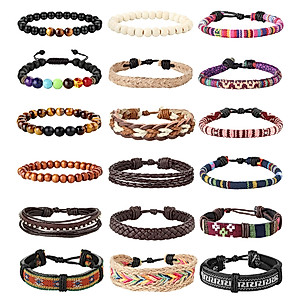 LOLIAS 18Pcs Leather Chakra Bead Tribal Bracelet for Men Women Charm Ethnic Wood Beaded Hemp Bracelets Boho Wristbands