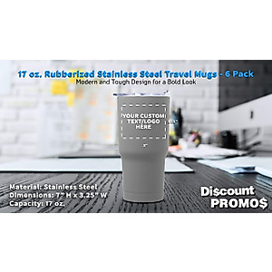 Personalized 17 oz. Rubberized Stainless Steel Travel Mugs - 6 Pack - Custom Text, Logo - Grey