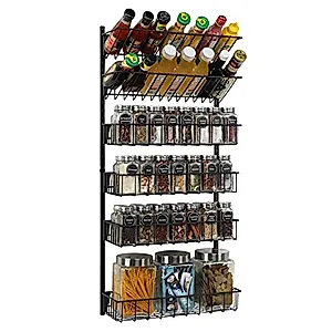 X-cosrack Wall Mounted Spice Rack Organizer 6 Tier Hanging Seasoning Holder Rack, Height-Adjustable Wire Storage Shelves for Kitchen Pantry Cabinet Door Bathroom, Black
