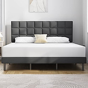 Molblly King Bed Frame Upholstered Platform with Headboard and Strong Wooden Slats,Non-Slip and Noise-Free,No Box Spring Needed, Easy Assembly,Dark Gray