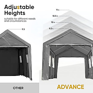 ADVANCE OUTDOOR 10'x20' Heavy Duty Adjustable Height Carport with 6 Roll-up Ventilated Windows & Removable Sidewalls Car Canopy Garage Boat Shelter Party Tent, Peak Height from 9.5ft to 11ft, Grey