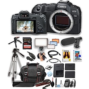 Canon EOS R8 Mirrorless Camera Body + 128GB Pro Speed Memory + Led Video Light + Microphone +Case + Tripod + Software Pack-Video Bundle (Renewed)