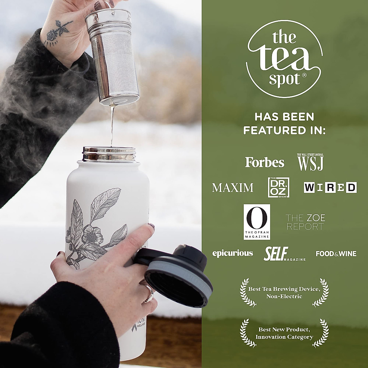 The Tea Spot Himalayan Tea Tumbler - Travel Bottle with Tea Infuser for Loose Leaf Tea or Iced Coffee - 32oz, White-Etched - Double-Walled Insulated Bottle - Keeps Drinks Hot & Cold for Hours
