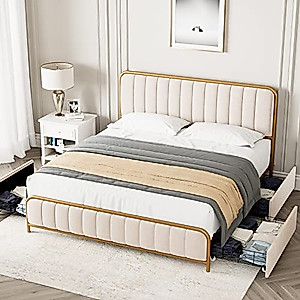 HITHOS Upholstered Queen Size Bed Frame with 4 Storage Drawers and Headboard, Heavy Duty Metal Mattress Foundation with Wooden Slats, Easy Assembly, No Box Spring Needed (Golden/Off White, Queen)