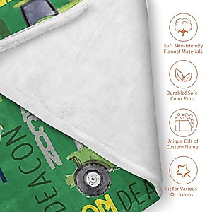 Personalized Tractors Blanket - Custom Name with Farm Tractor Trucks Design - Soft Plush Flannel Bed Blanket for Baby Kid Teen Boys Girls Customized Gifts Green