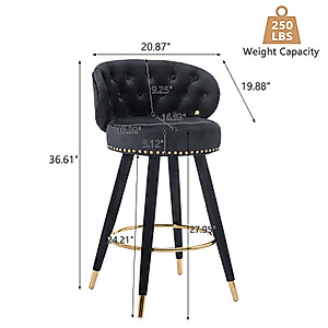 GNIXUU Velvet Bar Stools Set of 4, 360 Degree Swivel Counter Stools with Back, Modern Tufted Upholstered Counter Height Bar Stools, 28 Inch Kitchen Island Bar Chair, Solid Wood Legs(Black)