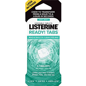 Listerine Ready! Tabs Chewable Tablets with Soft Mint Flavor, Revolutionary 4-Hour Fresh Breath Tablets to Help Fight Bad Breath On-the-Go, Sugar-Free, Alcohol-Free & Gluten-Free, 8 ct