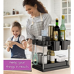 2 PACK Under Sink Organizer Rack 2 Tier Under Sliding Cabinet Basket Organizer Drawer With Bathroom Cabinet Storage Drawer With 4 Hooks
