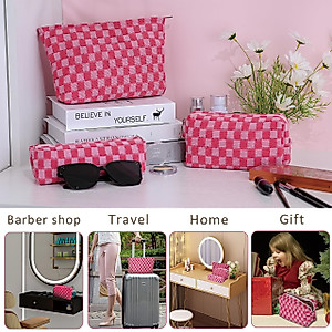 Jeeoy Large Capacity Makeup Bag Set Pink Checkered Makeup Bags 3 Pieces Canvas Travel Makeup Bag Organizer Travel Toiletry Bag Storage Bag for Women
