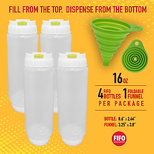 FIFO Squeeze Bottle Refillable (4 Pack) Yellow Dispenser for Most Condiments, Smooth Sauces, Ketchup, Mustard, BBQ and Dressing with Flexible Funnel