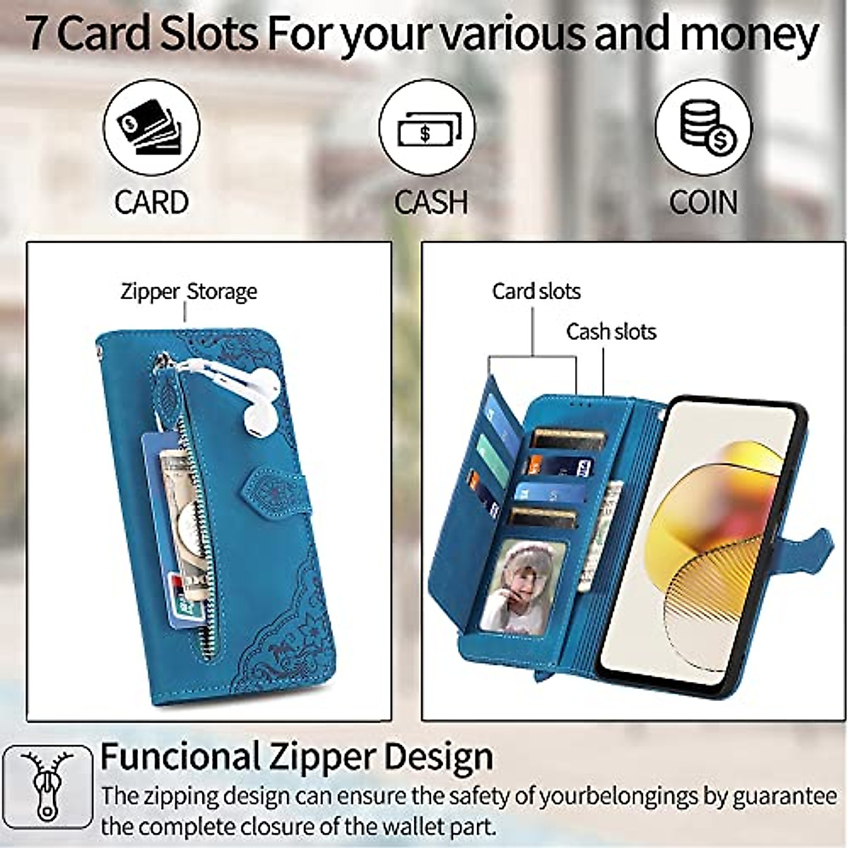 HUANGTAOLI Adjustable Crossbody Shoulder Strap Phone Case for Oppo Reno8 Lite 5G, PU Leather Zipper Wallet Magnetic Closure Kickstand Case for Oppo Reno8 Lite 5G