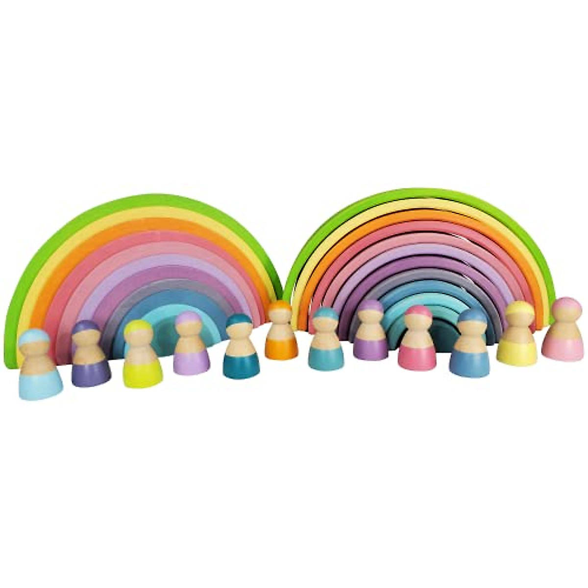 TEKOR 35 Pcs Wooden Rainbow Stacking Toy Set, Montessori Building Blocks for Toddler Girl Boy, Stacker Puzzle Educational Preschool Gifts for Kids, Semi-Circle, Stacking Blocks, Little Peg Dolls