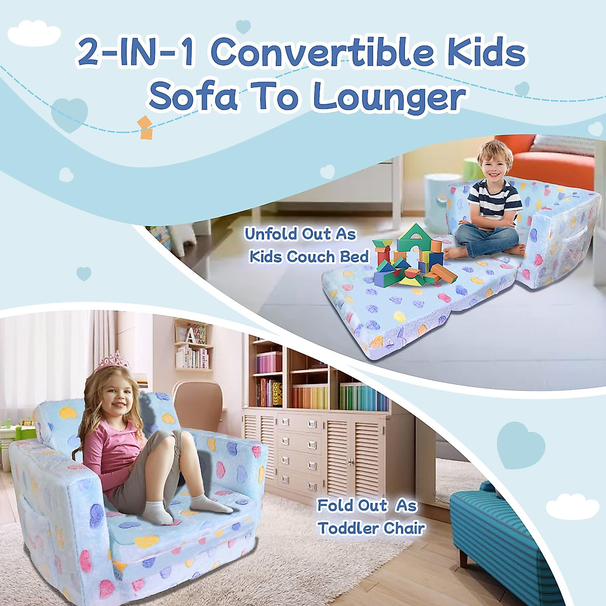 OSYKIU Kids Sofa, 2-in-1 Toddler Couch Fold Out, Comfy Toddler Sofa, Convertible Kids Couch to Lounger, Baby Sofa Chair for Boys and Girls Gifts, Folding Kids Play Sofa Bed