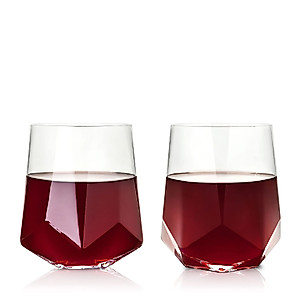 Viski Raye Faceted Crystal Wine Glasses Set of 2, No-Lead Premium Crystal Clear Glass, Modern Stemless, Wine Glass Gift Set, 20 oz