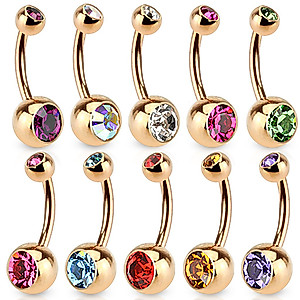 FIFTH CUE 14G & 16G Double Jeweled Basic Navel Ring Rose Gold IP Over 316L Surgical Steel (16GA - 5/16" 8mm - 4 x 6mm Balls - Smaller than 14GA version)