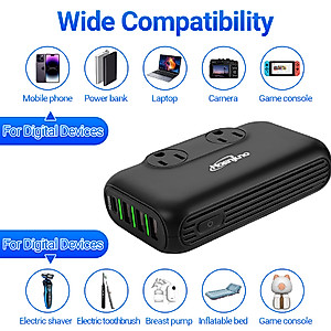 Hoenjuno 200W Car Power Inverter DC 12V to 110V AC Loptop Car Charger, 3 USB Ports Car Adapter Outlet Plug with 1 Type C Ports Black