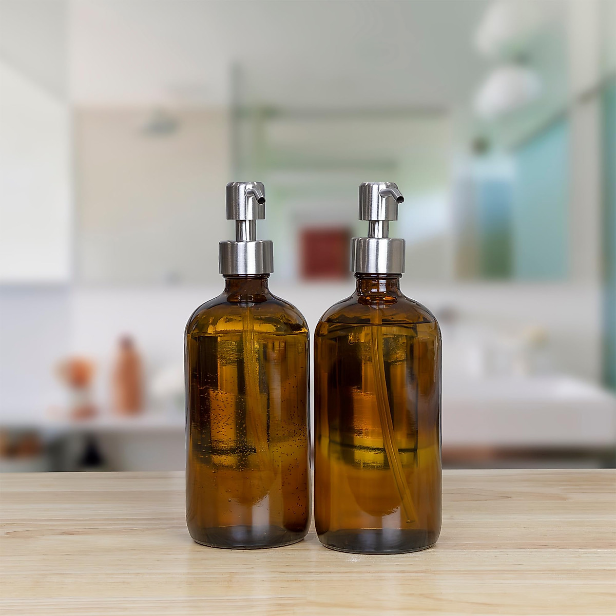 Cornucopia Brands 16-Ounce Amber Glass Bottles w/Stainless Steel Pumps (2-Pack); Lotion & Soap Dispenser Brown Boston Round Bottles for Aromatherapy, DIY