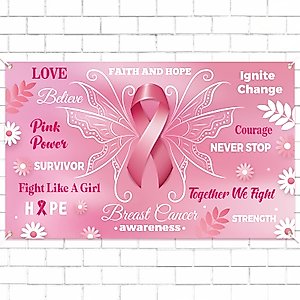 Breast Cancer Awareness Backdrop Decorations - Pink Ribbon Banner Charity Activities Party Supplies Ornaments